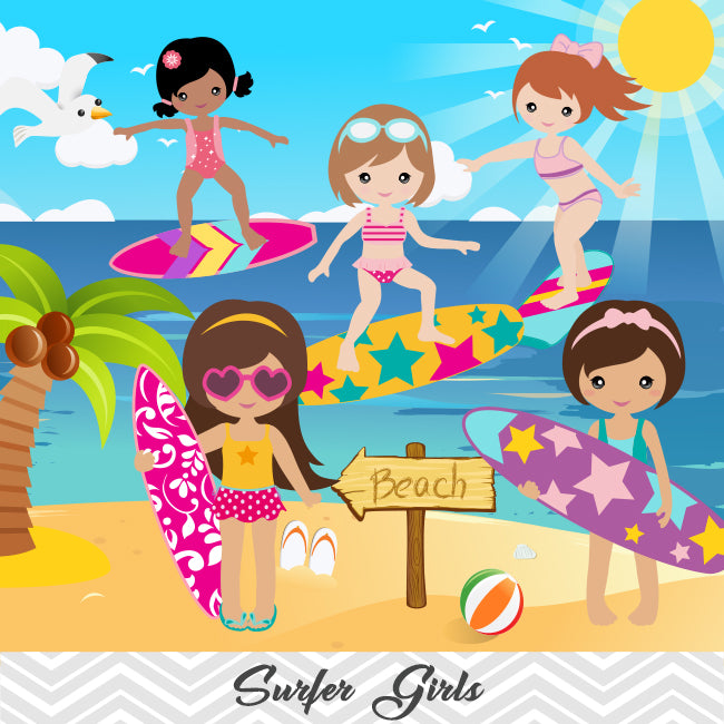 Girls Surfing Digital Clip Art, Surfer Girls Clipart – Tracy Digital Design