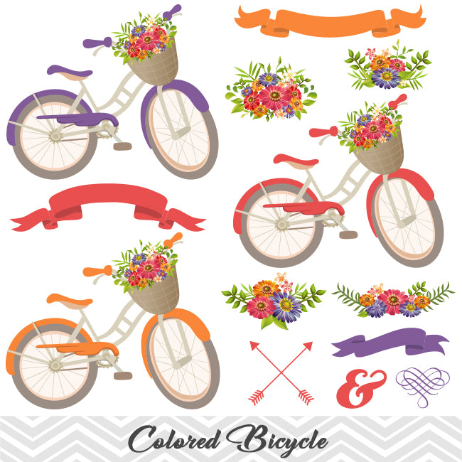 Digital Floral Bicycle Clip Art, Wedding Clip Art, Bicycle Clipart ...