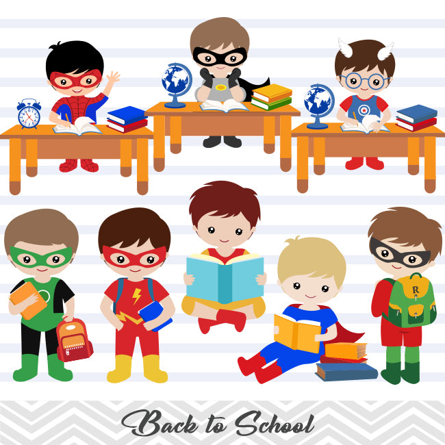 Superhero Boys Back to School Clip Art, Superhero Boys School Day ...