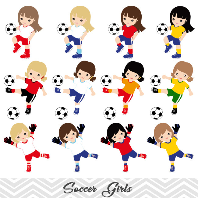 Girls Soccer Digital Clip Art, Sport Girls Soccer Team Clipart, 00257 ...