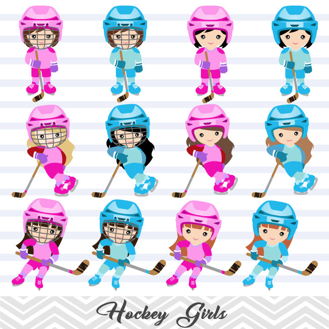 Girls Hockey Digital Clip Art, Sport Girls Hockey Team Clipart, 00253 ...
