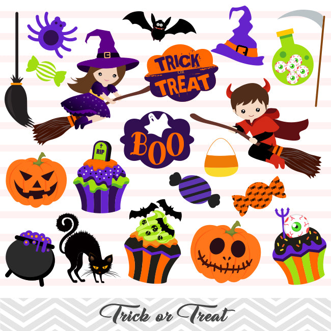 Halloween Clip Art, Trick or Treat Clipart, Halloween Boy and Girl ...
