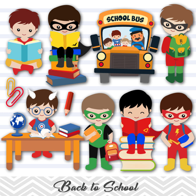 Superhero Boys Back to School Clip Art, Superhero Boys School Day ...