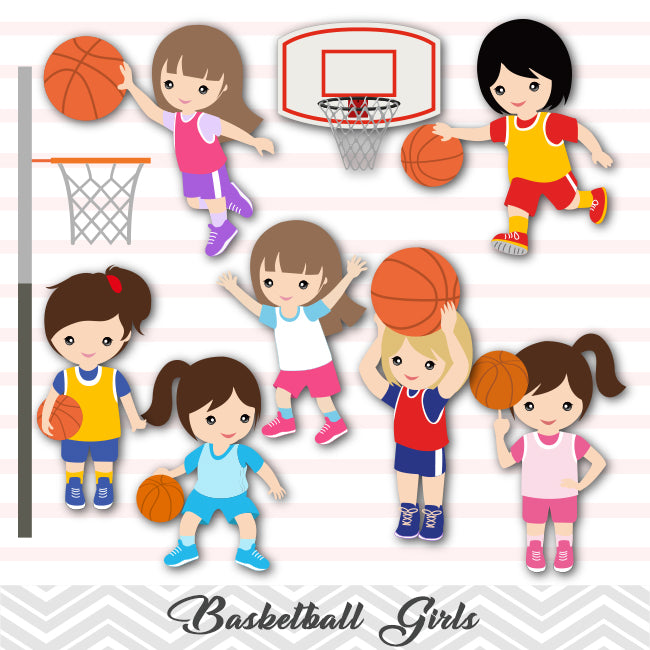 Girls Basketball Digital Clip Art, Sport Girls Basketball Team Clipart ...
