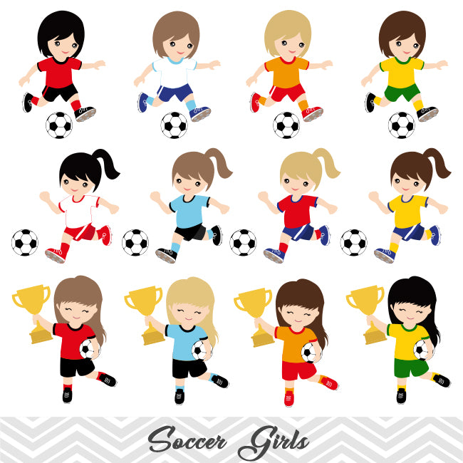 Girls Soccer Digital Clip Art, Sport Girls Soccer Team Clipart, 00257 ...