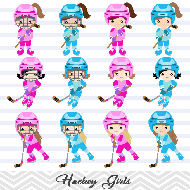 Girls Hockey Digital Clip Art, Sport Girls Hockey Team Clipart, 00253 ...